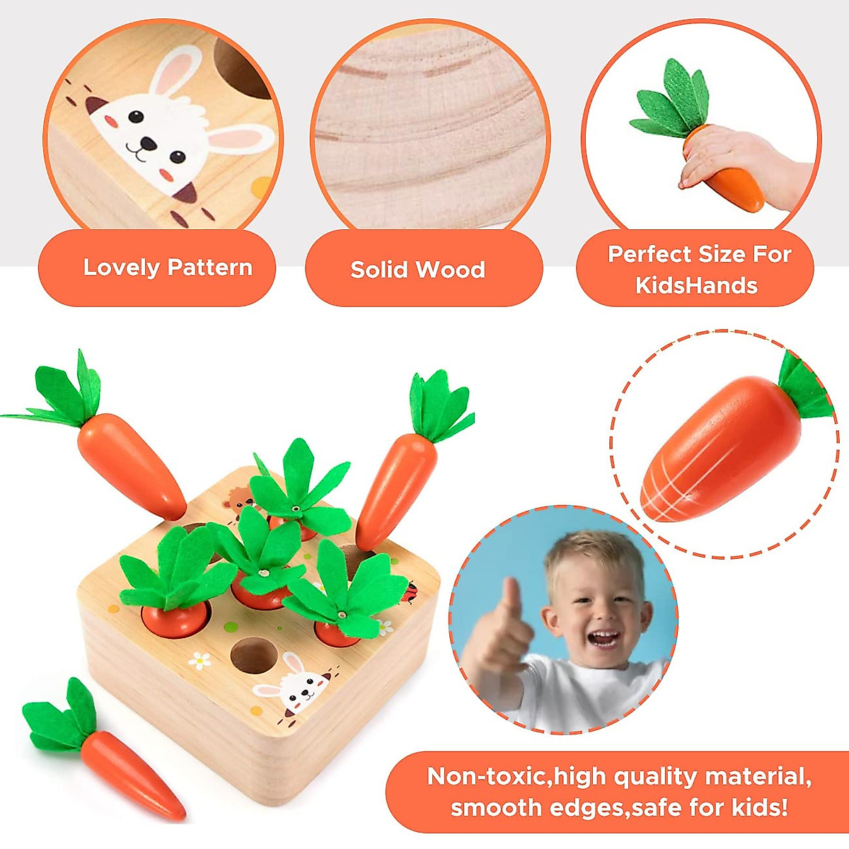 SGVV90 Shape Sorting Matching Montessori Wooden Toy, Farm Harvest Stem Puzzle Game with 7 Sizes Vegetables and Fruits, Developmental Preschool Educational Gifts for Toddlers (Carrot)