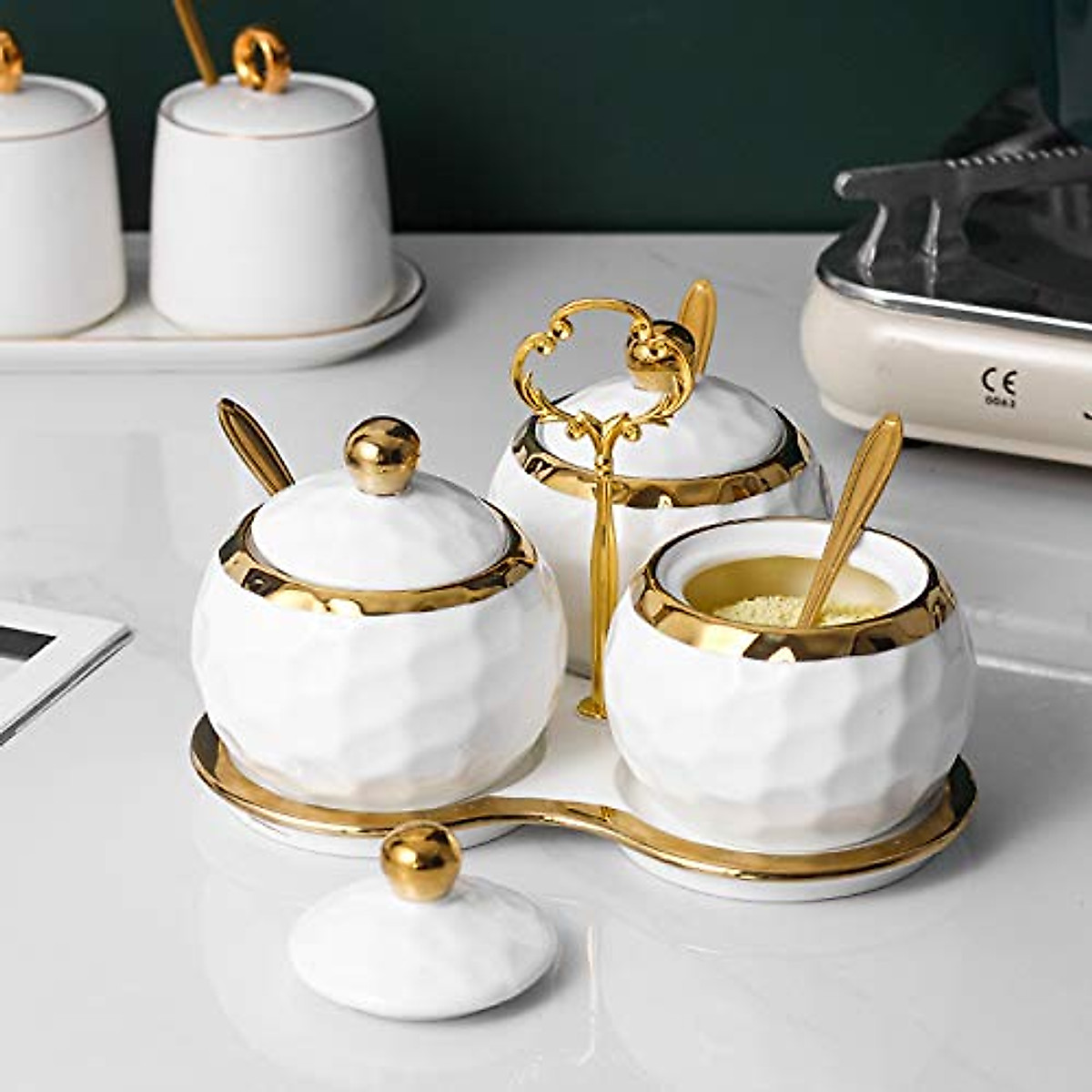 BIHOIB Golf Porcelain Sugar Bowl Condiment Pot Salt Container with Lid, Spoon and Tray, Set of 3, Modern Spice Box Seasoning Jar, White and Gold