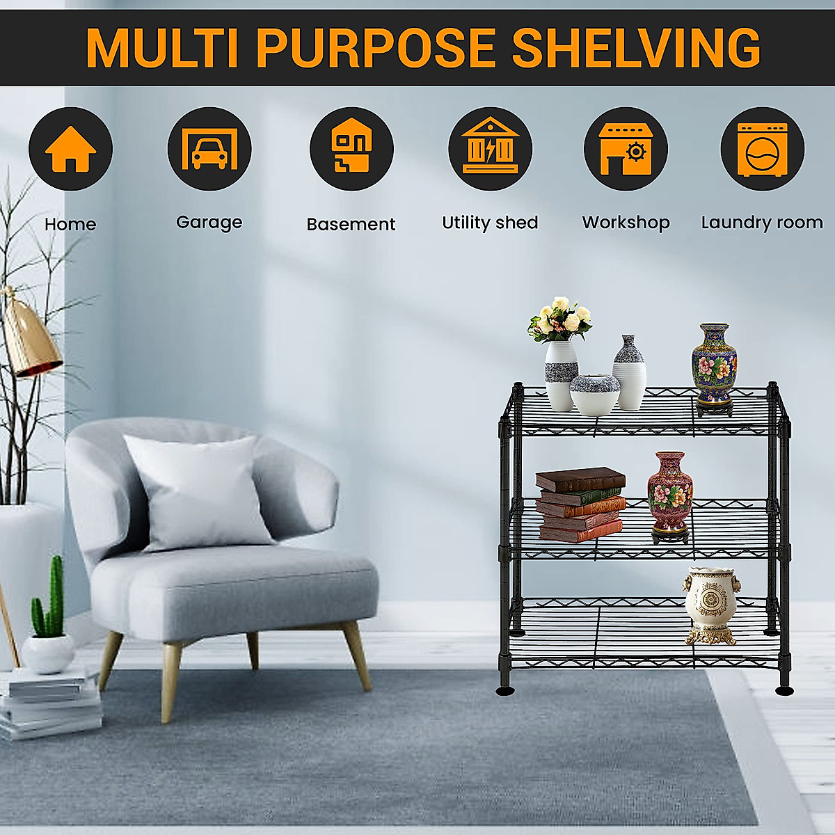 Juggernaut Storage 18"W x 10"D x 18"H 3-Tier Steel Wire Shelving Unit, 264 lb Capacity, Black (WS181018-3BLKAMZ)