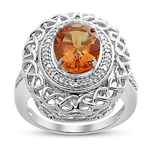 Jewelili Sterling Silver 10x8mm Oval Citrine and 1/10 Cttw Diamond Halo Ring, Size 7