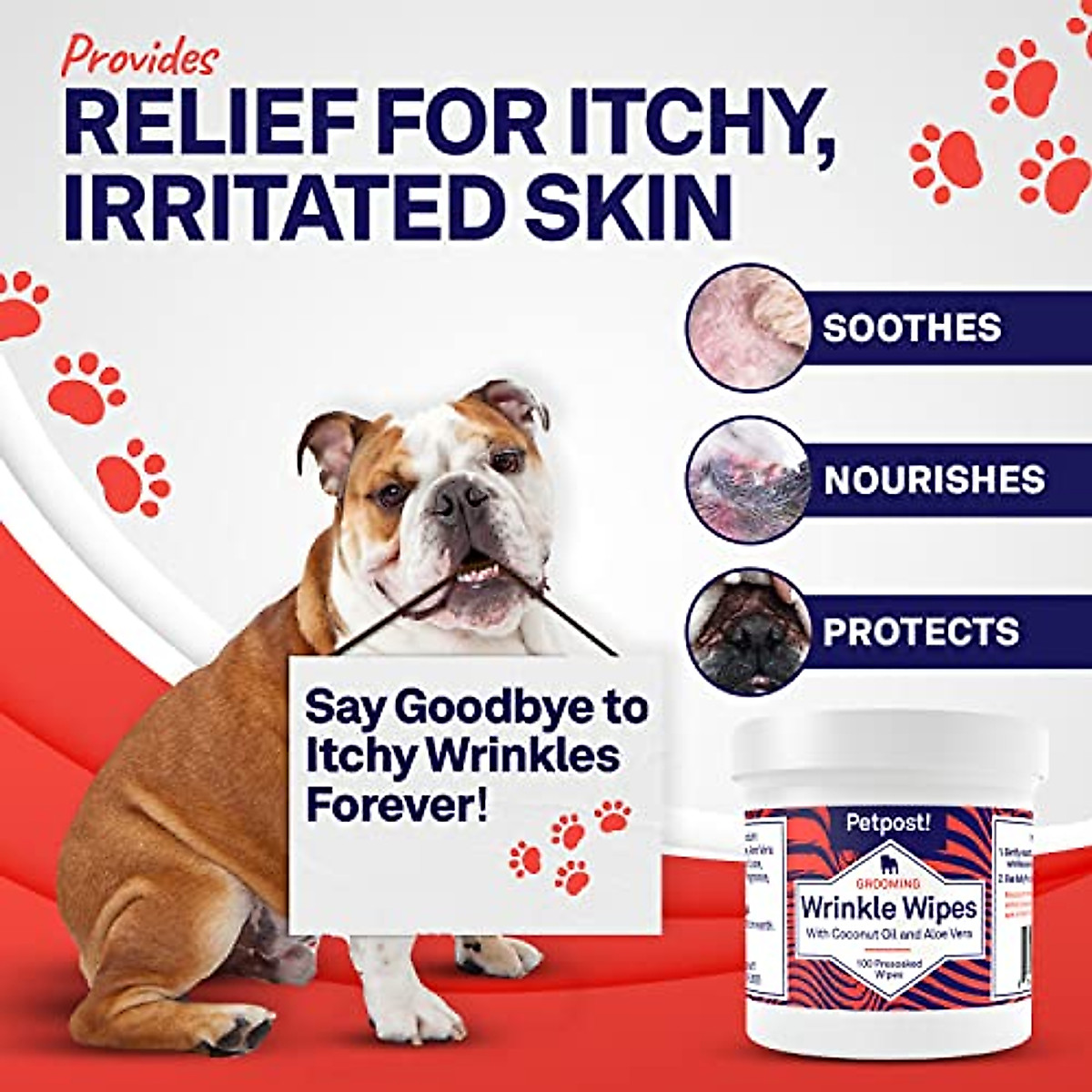 Petpost | Bulldog Wrinkle Wipes for Dogs - Natural Coconut Oil Formula Cleans and Soothes Pug Wrinkles and Folds - 100 Ultra Soft Cotton Pads