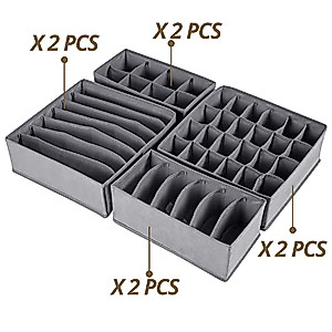 8 Set Drawer Underwear Organizer Divider Fabric Foldable Dresser Storage Basket and Bins for Storing Bra Ties Lingerie Undies Sock Panty Belts Clothes Scarves (8 Pack Grey)