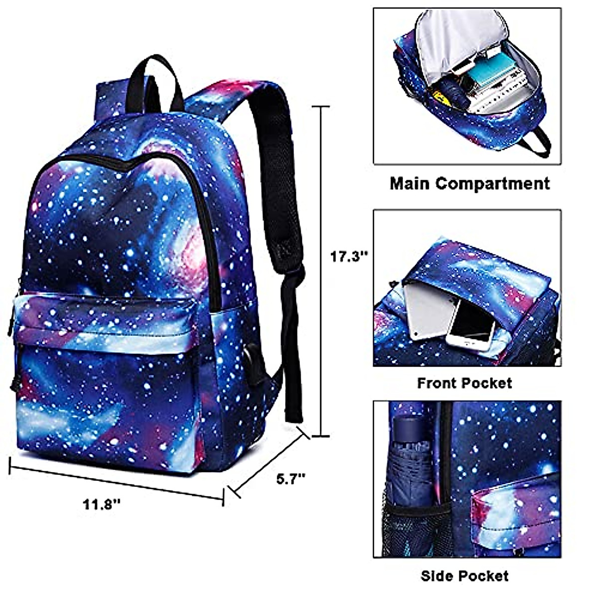 Peicees Upgraded Galaxy School Backpack with USB Charging Port Waterproof Bookbag Daypack Rucksack