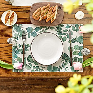 Artoid Mode Eucalyptus Leaves Summer Placemats for Dining Table, 12 x 18 Inch Spring Seasonal Holiday Rustic Vintage Washable Table Mats Set of 4