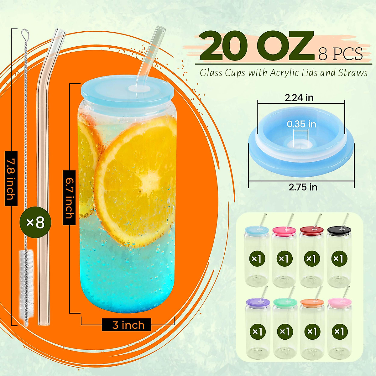Joyclub 20 oz Glass Cups with Acrylic Lids and Straws 8pcs Can Shaped Glass Iced Coffee Cups with Lids, Drinking Jar Glasses Cute Tumbler Cup Great for Smoothie Soda Boba Tea Cocktail Beer Gift