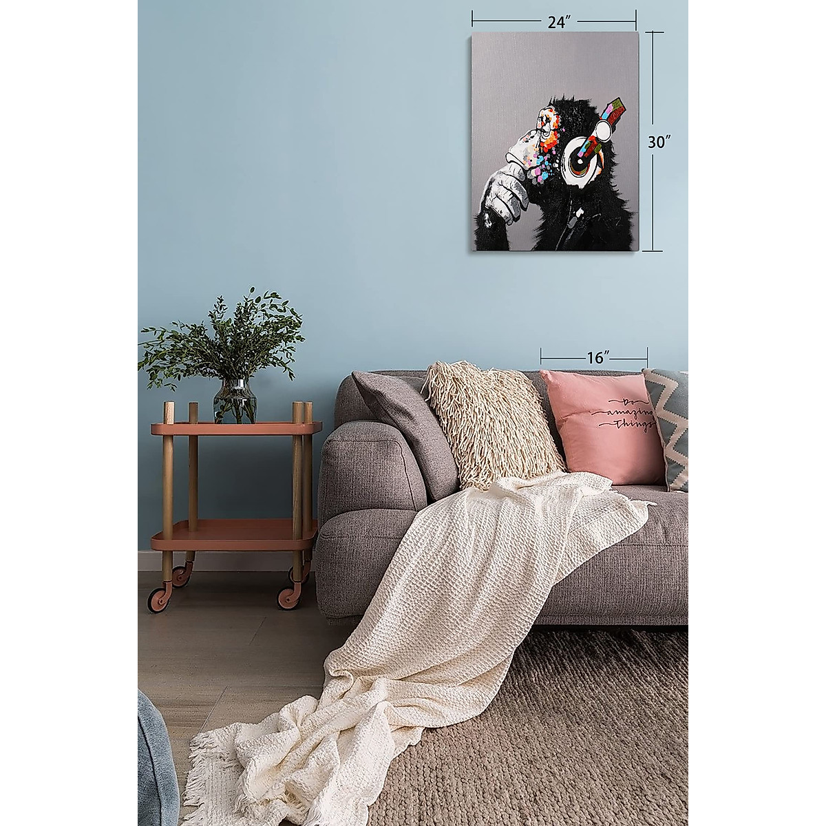 Modern Pop Art Decor - Framed - Thinking Monkey With Headphones Canvas Print Home Decor Wall Art, Gallery Wrap Inner Frame, 24x24