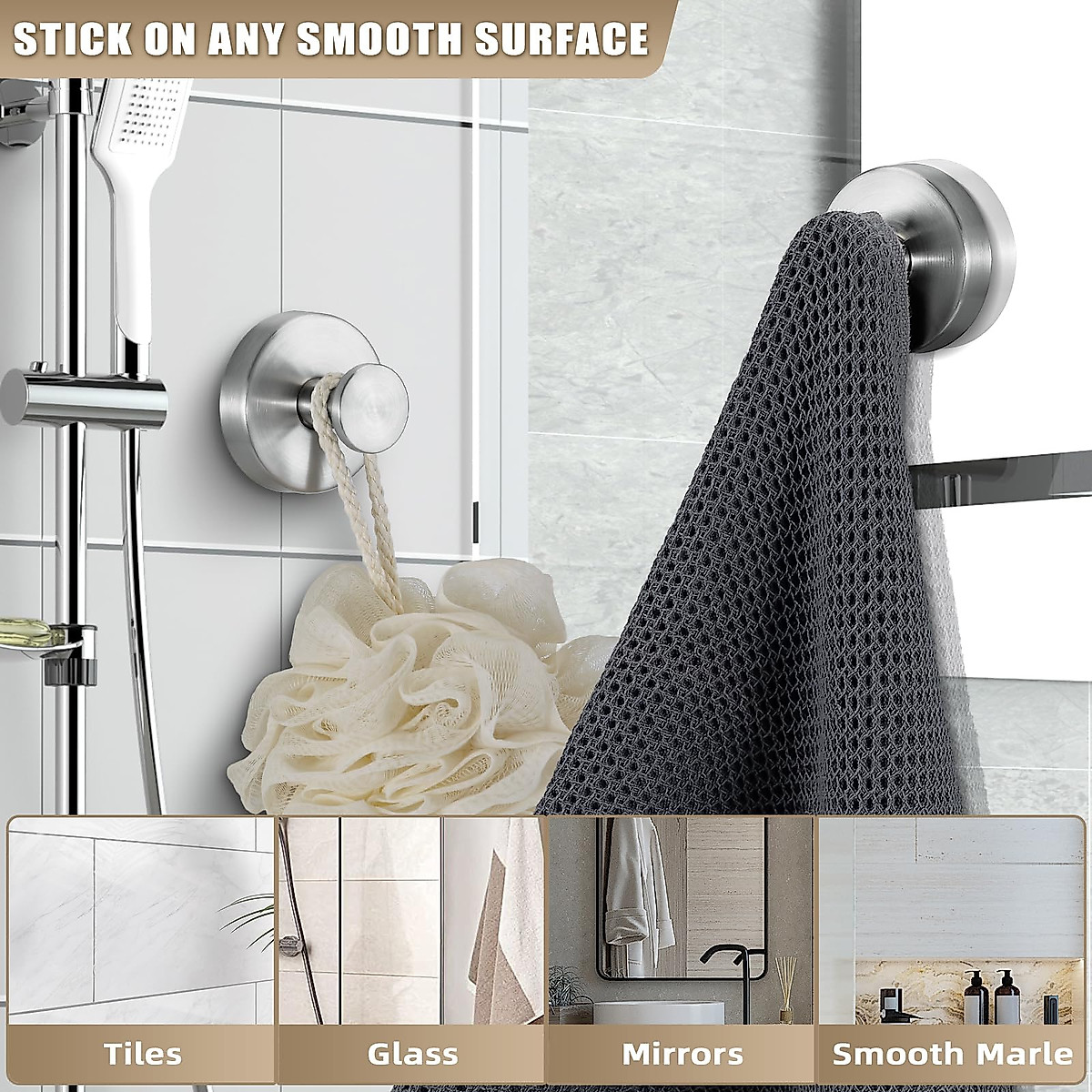Fenas Suction Cup Hooks for Shower Bathroom Hooks for Towels, Robes, Loofah – Mountable on Bathroom Walls, Kitchen, Glass, Mirrors, Tile and Other Smooth, Non-Porous Surfaces Brushed Nickel 2 Pack