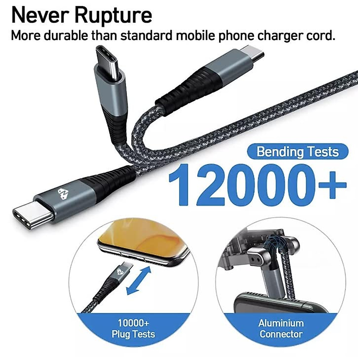 N-Products USB C to USB C Grey Braided Nylon Cable 60W Type C Fast Charging Cord [2-Pack, 6 ft]