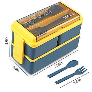 NatraProw Bento Box Adult Lunch Box, 3-in-1 Stackable Lunch Containers, 47OZ Bento Box with 4 Compartments, Fork & Spoon, Leak Proof, Microwave Safe (Blue)