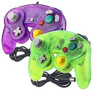 Reiso Gamecube Controller, 2 Pack NGC Classic Wired Controller for Wii Game cube Console (Clear Purple and Green)