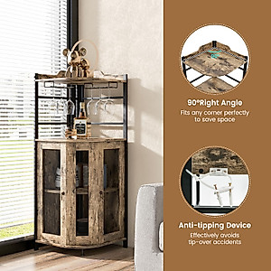 LOKO Corner Wine Bar Cabinet, Industrial Wine Cabinet with Metal Mesh Doors & Adjustable Shelf, Liquor Cabinet with Anti-toppling Device, Rustic Brown, 19 x 19 x 51 Inches (Taupe)