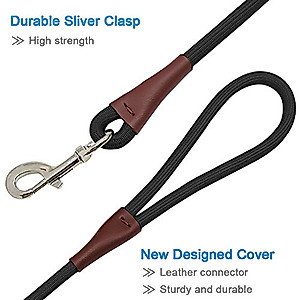 MayPaw 4FT/6FT/8FT/10FT Dog Leash, Classic Solid Colors, Durable Mountain Climbing Rope Dog Leash Reinforced with Leather Tailor Connection Heavy Duty Silver Clasp, 6 Foot Dog Leash Black