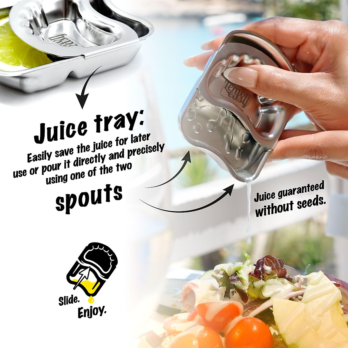Germany's Favorite - LEMONEASY Lemon Slice Squeezer - Stainless Steel Press - Ergonomic, Effortless, Lime, Orange, and Citrus Fruit Hand Held Lemon Juicer Squeezer - Fewer Seeds, More Juice