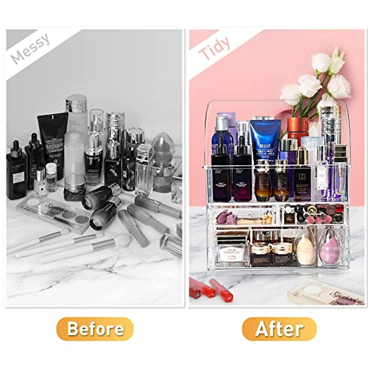 Haturi Makeup Organizer, Large Acrylic Skincare Organizer W/Lid, Dustproof Waterproof Cosmetic Display Case with Drawers for Vanity Bathroom Countertop, Makeup Storage Box for Perfume - Clear