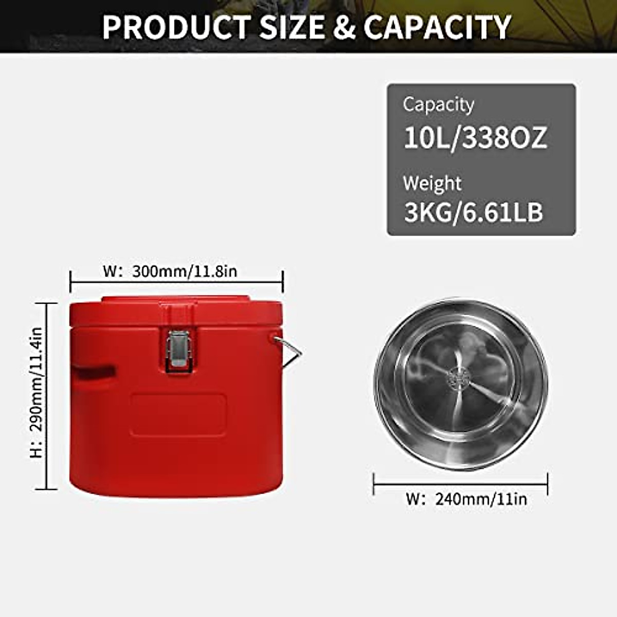 Plieren Insulated Soup Container Commercial Food Warmer for Hot or Cold Food, 2.5 Gallon Hot Box for Catering, Food Cooler with 4 Buckles, Handles, & Spoon, Soup Carrier for Restaurant, Canteen, Home