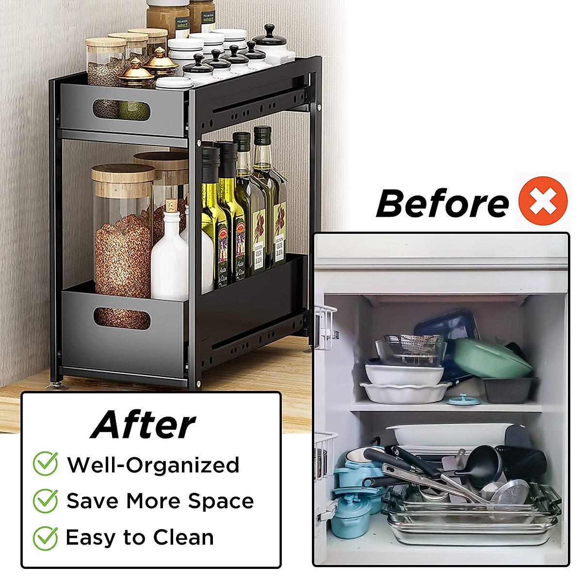 Ganggend 2 Tier Under Sink Organizer, 9.25" L x 11.81" W x 16.53" H Bathroom Organizer Cabinet Storage with Pull Out Drawers, Under The Sink Organizer For Bathroom, Living Room, Kitchen Black