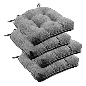 downluxe Indoor Chair Cushions for Dining Chairs, Tufted Overstuffed Textured Memory Foam Kitchen Chair Pads with Ties and Non-Slip Backing, 15.5" x 15.5" x 4", Dark Grey, 4 Pack
