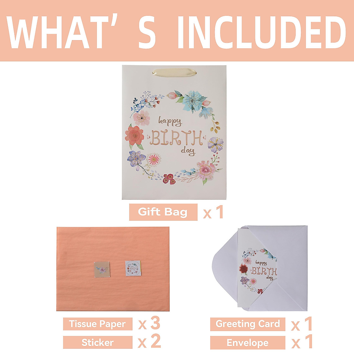 13" Large White Gift Bag Set with Greeting Card and Tissue Papers（Flowers and Happy Birthday）for Women's or Men's Birthday Party, Boys', Girls', or Kids' Parties, Baby Shower, Baby Boy or Girl - 10.2”x5.2”x13”, 1 Pcs.