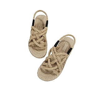 GORGLITTER Women's Criss Cross Strap Sandals Slingback Summer Beach Straw Flats Khaki CN41