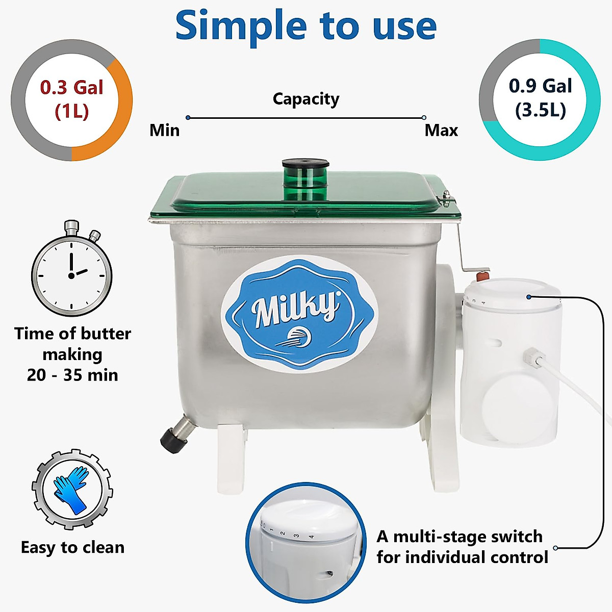 Electric Butter Churn Milky FJ 10 (115V) | Made of Stainless Steel | Fresh Homemade Butter in 20-30 minutes | Easy to Use | 0.9 Gallon Capacity | Made in the EU | 2-Year Warranty