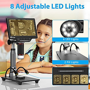 KZYEE 7 inch Digital Microscope Shows Entire Coin, Extension Tube, IPS Screen, 1080P Coin Magnifier with 8 LED Lights, 1200x Soldering Microscope Portable for Adult Kids, IR Remote, Specimens