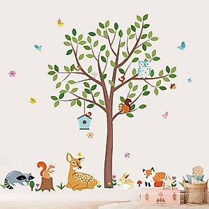 decalmile Forest Animals Tree Wall Decals Deer Fox Owl Wall Stickers Baby Nursery Kids Bedroom Playroom Wall Decor(Tree H: 56")