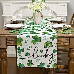 Siilues St Patricks Day Table Runner, Lucky St Patricks Day Decoraions Green Shamrock Seasonal Spring Holiday Table Decorations for Indoor Outdoor Dining Table Decor (13'' x 72'')