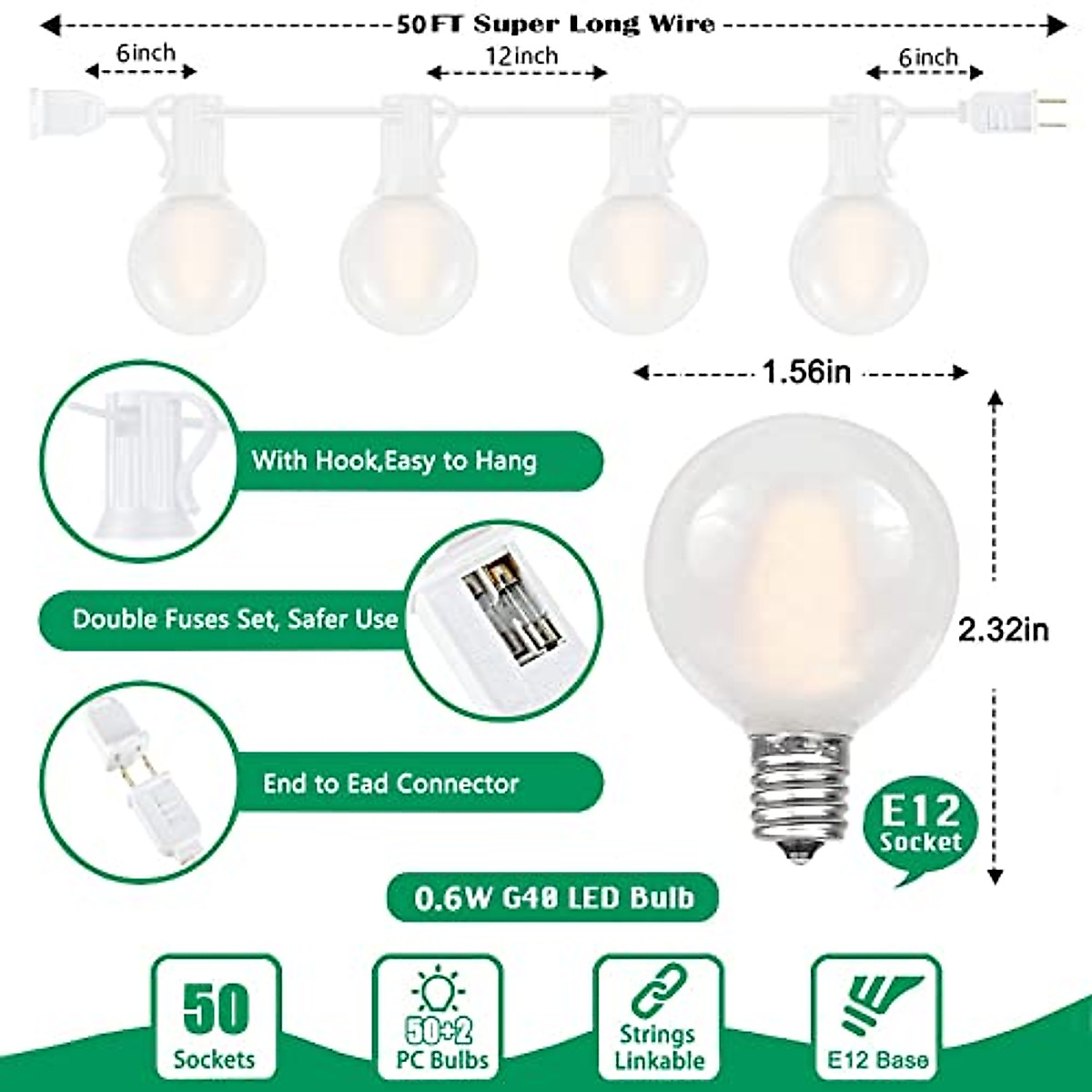 Outdoor LED String Lights, 50Ft G40 Outdoor Patio Lights with 52 Frosted White LED Globe Bulbs, Hanging Backyard Lights Waterproof for Indoor Outside Garden Bistro Pergola Tents Decorations, White