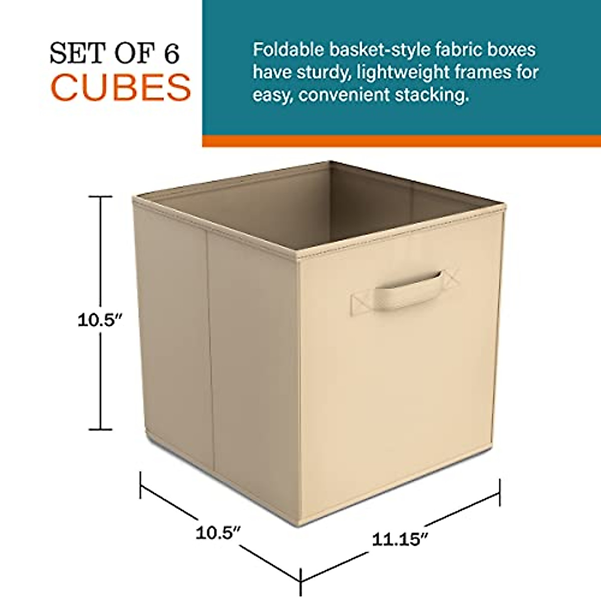 Home (Beige 6-Piece Set Bins for Shelves and Foldable Storage Cubes, Office, and Nursery Complete, (L) 11.15” x (W) 10.5” x (H) 10.5