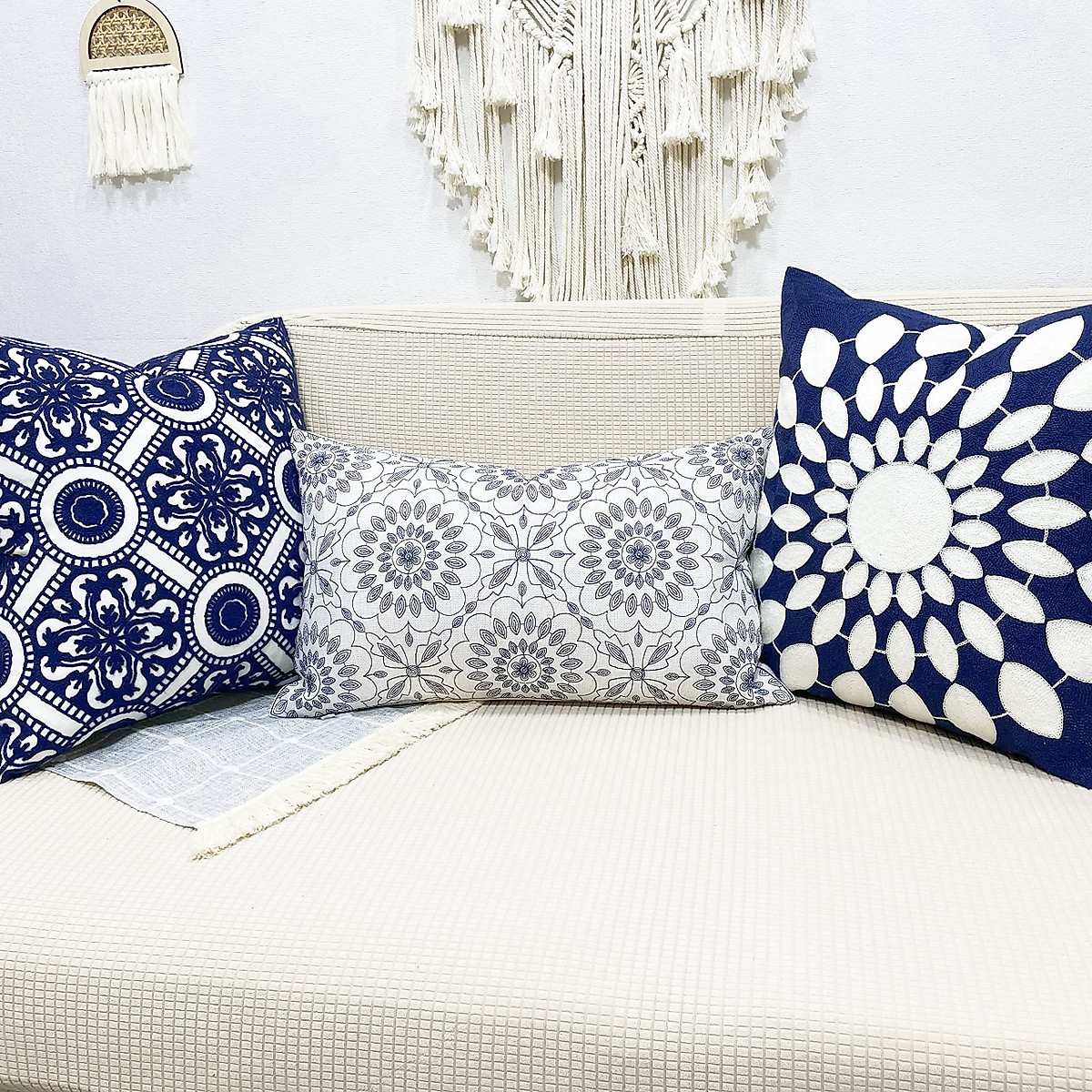 Slow Cow Linen Embroidery Decorative Lumbar Throw Pillow Cover Pillowcase Rectangular Pillow Cover Cushion Cover for Bed Couch Sofa 12 x 20 Inches Navy Blue