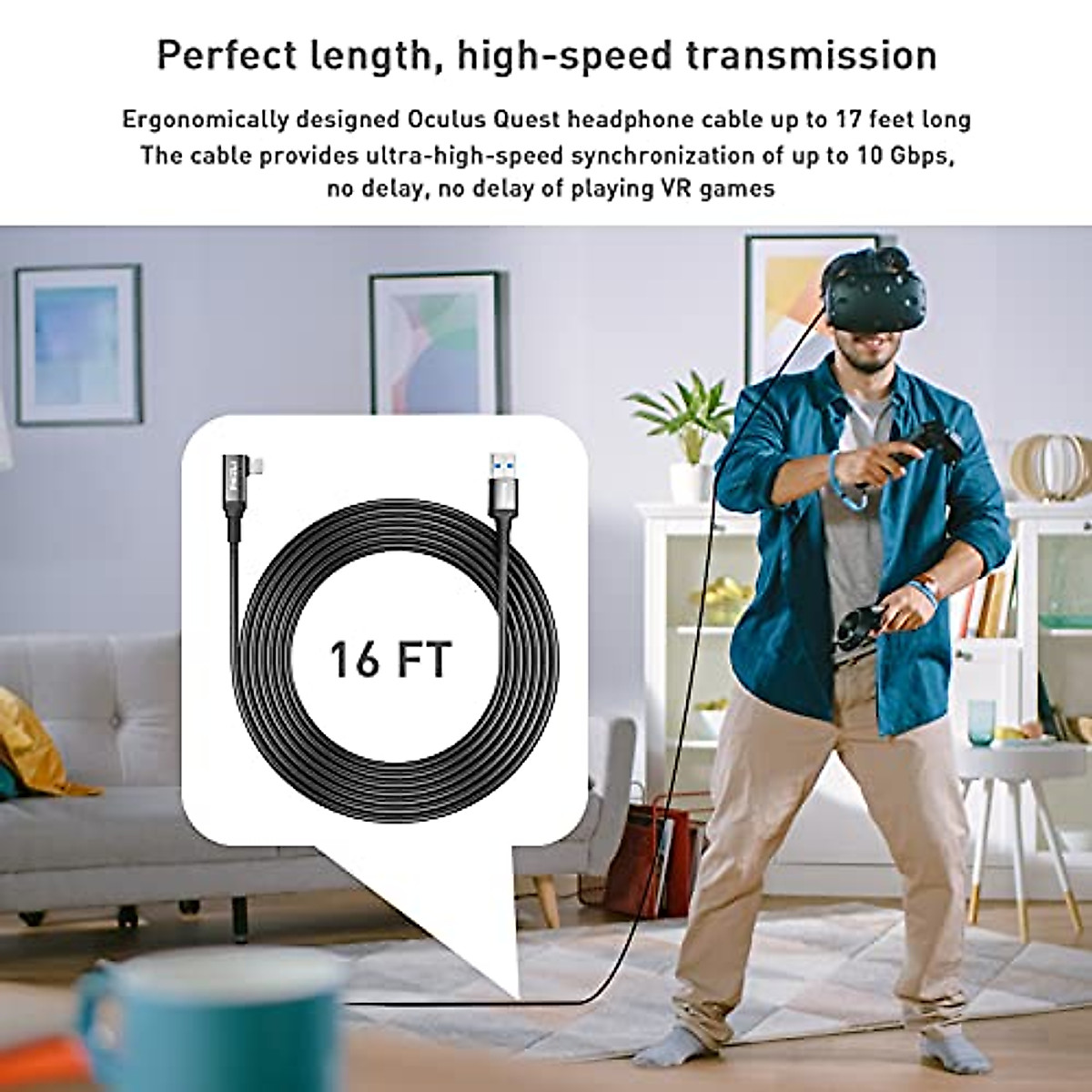 PHIZLI Link Cable 16ft Compatible for Oculus Quest 2,VR Headset Cable, High Speed Data Transfer & Fast Charging USB C 3.2 Gen1 Cord for VR Headset Game Accessories
