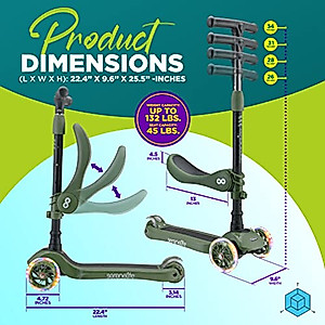 SereneLife 3 Wheeled Scooter for Kids - 2-in-1 Sit/Stand Child Toddlers Toy Kick Scooters w/Flip-Out Seat, Adjustable Height, Wide Deck, Flashing Wheel Lights, Great for Outdoor Fun - SLKS22 (Green)