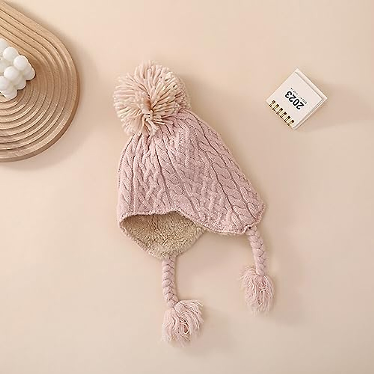Baby Winter Beanies Cold Weather Hats Knitted Wool Pompom Hat Ear Flap Fleece Lined Beanie Hat for Newborn Baby 0-24M