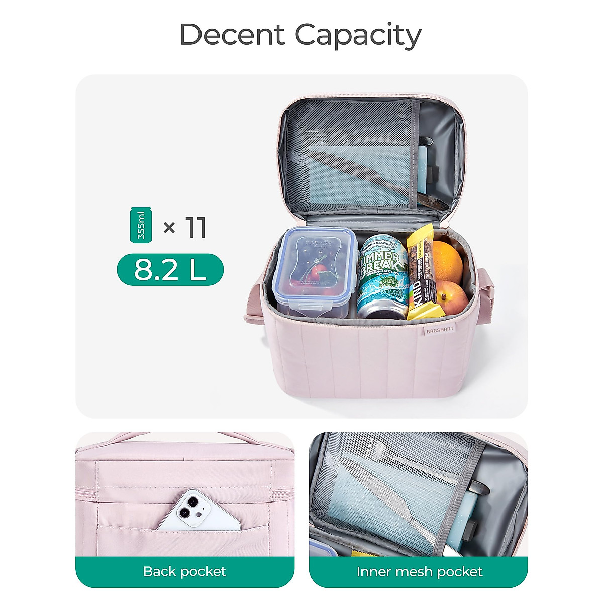 BAGSMART Lunch Box for Women Insulated Lunch Bag Cute Puffer Lunch Tote Bags Lightweight Quilted Reusable Cooler for Work Picnic or Travel (Dusky Pink)