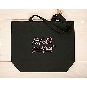 ELEGANTPARK Mother of the Bride Gifts Bag Cotton Mother of the Bride Bag and Tote Mother Gifts for Wedding Tote Bag With Pocket Shoulder Bag Black With Pink Embroidery