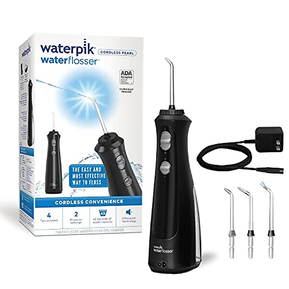 Waterpik Cordless Pearl Water Flosser Rechargeable Portable Water Flosser for Teeth, Gums, Braces Care and Travel with 4 Flossing Tips, ADA Accepted, WF-13 Black