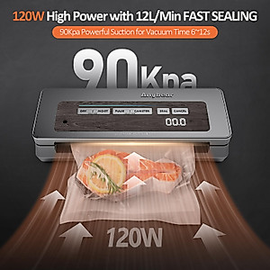 Anybear Vacuum Sealer Machine, 90kPa 120W Wide Seal All-IN-1 Powerful Food Storage, Build-in Cutter | Bags Storage | Digital Countdown Display | 2 Bag Rolls and 5pcs Pre-cut Bags (Gray)