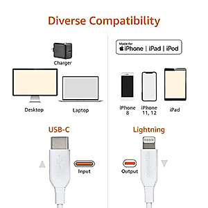 Amazon Basics USB-C to Lightning ABS Charger Cable, MFi Certified Charger for Apple iPhone 14 13 12 11 X Xs Pro, Pro Max, Plus, iPad, 6 Foot, White