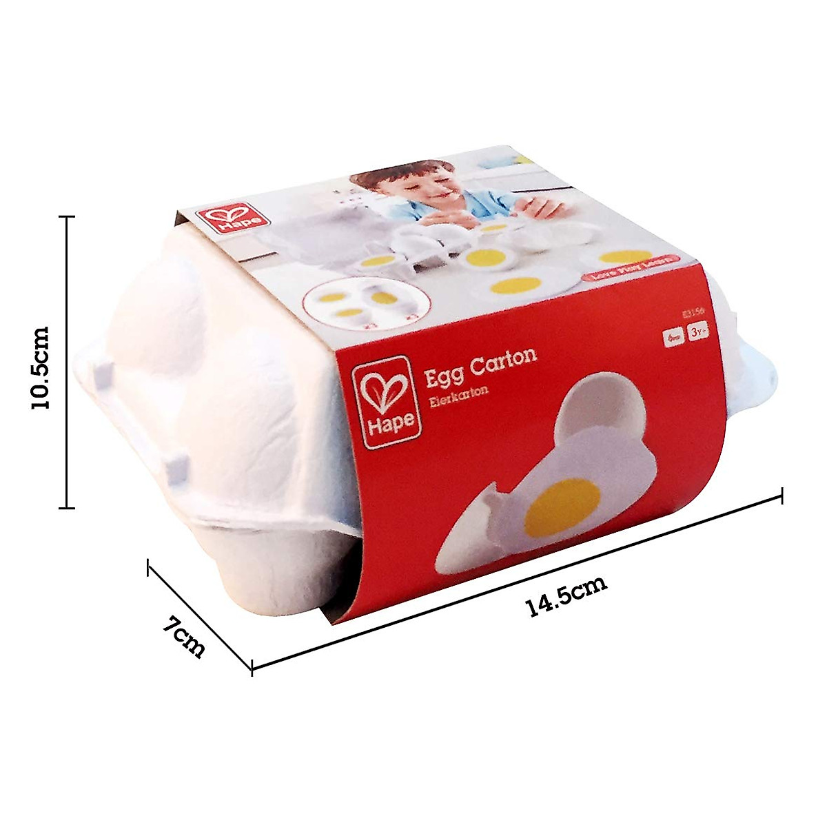 Hape Egg Carton | 3 Hard-Boiled Eggs with Easy-Peel Shell & 3 Fried, Wooden Realistic Educational Toy for Children 3+, White and Yellow (E3156)