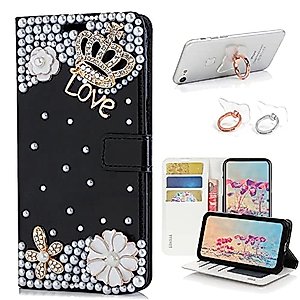 STENES Bling Wallet Phone Case Compatible with Samsung Galaxy Z Fold 2 5G Case - Stylish - 3D Handmade Crown Flowers Design Leather Cover with Ring Stand Holder [2 Pack] - Black