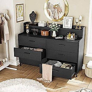 Hasuit 6 Drawers Double Dresser with Shelves, Large Wooden Storage Tower Organizer, Wide Chest of Drawers, Black Dresser for Bedroom, Living Room, Entryway