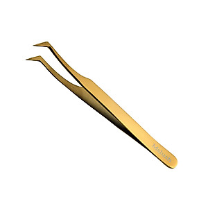 Volume Lashes Tweezers for Eyelash Extensions with High Precision Stainless Steel Gold Eyelash Extension Tweezers Mega L Curved Angled Tip Lash Extension Tweezers with Synthetic Leather Pouch
