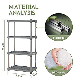 LEAIJIAFY 4 Tier Gray Plastic and Metal Standing Shelf Units, Durable Storage Shelves Rack Open Shelving for Pantry Kitchen Bathroom,13MM Steel Tubes