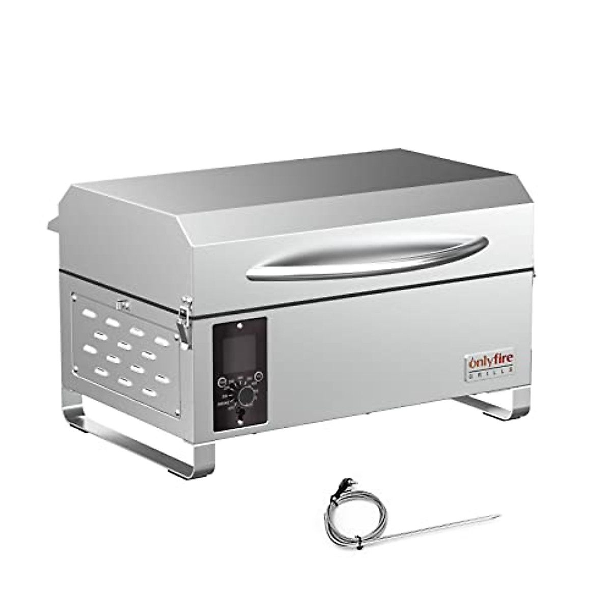 Onlyfire GS680 Portable Wood Pellet Grill and Smoker, 8 in 1 Tabletop Stainless Steel BBQ Grill Stove for RV Camping Tailgating Cooking with Auto Temperature Control, LED Screen, Meat Probe & 2 Tiers Cooking Area, Silver