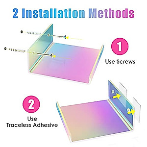NiHome 2-Pack Medium Iridescent Acrylic Floating Shelves with Edge, 7.9"x4.5" Rainbow Ledge Shelf Adhesive & Screw Wall Mounting Phone Holder Shelf for Home Décor, Bathroom, Kitchen and Office