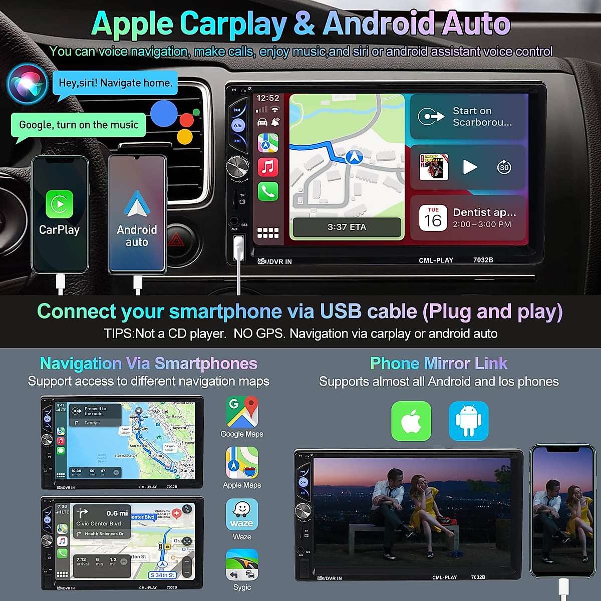 ACTASIAN Double Din Car Stereo with Apple Carplay and Android Auto,7 Inch Touchscreen Car Radio with Backup Camera,Bluetooth,Mirror Link,FM/MP3/USB/TF/SWC/Subwoofer,Aux Input