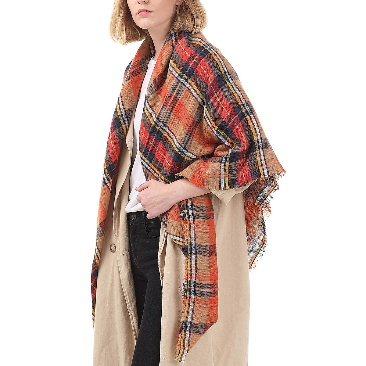 Trendy Women's Cozy Warm Winter Fall Blanket Scarf Stylish Soft Chunky Checked Giant Scarves Shawl Cape Orange
