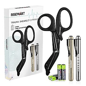 Trauma Shears, RISEMART Medical 7 1/4" Titanium-Bonded EMT Bandage Scissors and LED Pen Light with Pupil Gauge for Surgical Nursing Purposes(Gold and Silver)
