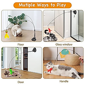 HOSFROLL Cat Toys Wand, Interactive Cat Toy with Super Suction Cup Sticky Detachable 12 PCS Feather Replacements 2 Wands Cat Spring Feather Toys for Indoor Cats Kitten Toys (9 Toys Double Headed)