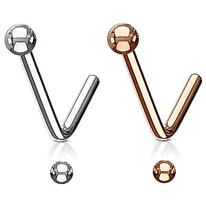 Forbidden Body Jewelry 2 Pack: 18g Surgical Steel L Shaped 2mm Ball Top Nose Rings (Rose Gold/Steel)